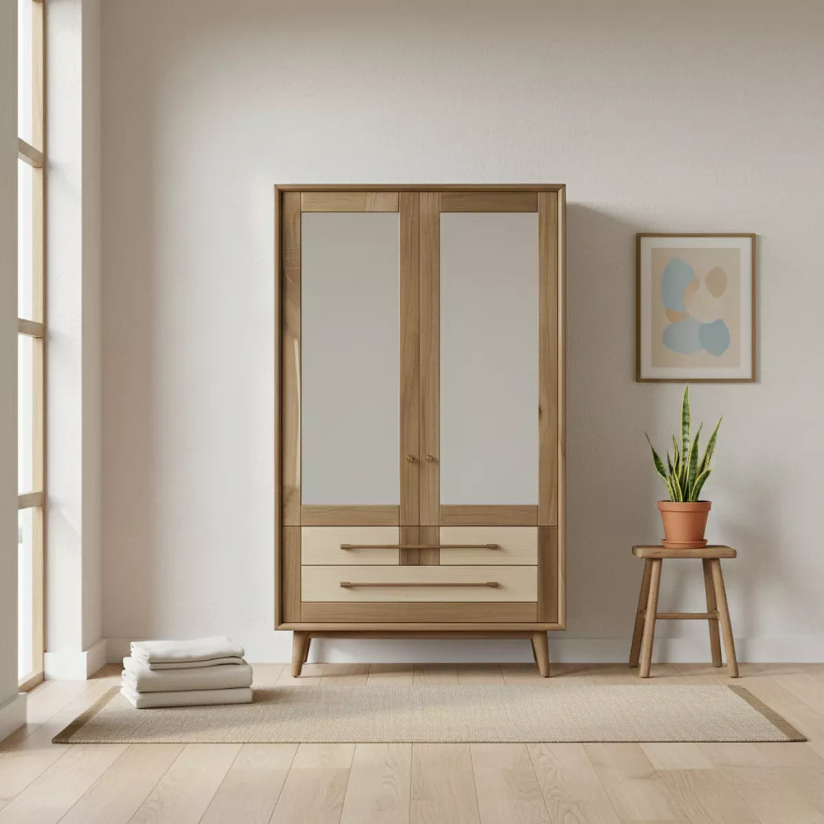 Yuki Two Door Almirah with Glass Panels and Drawer Storage – Induscraft